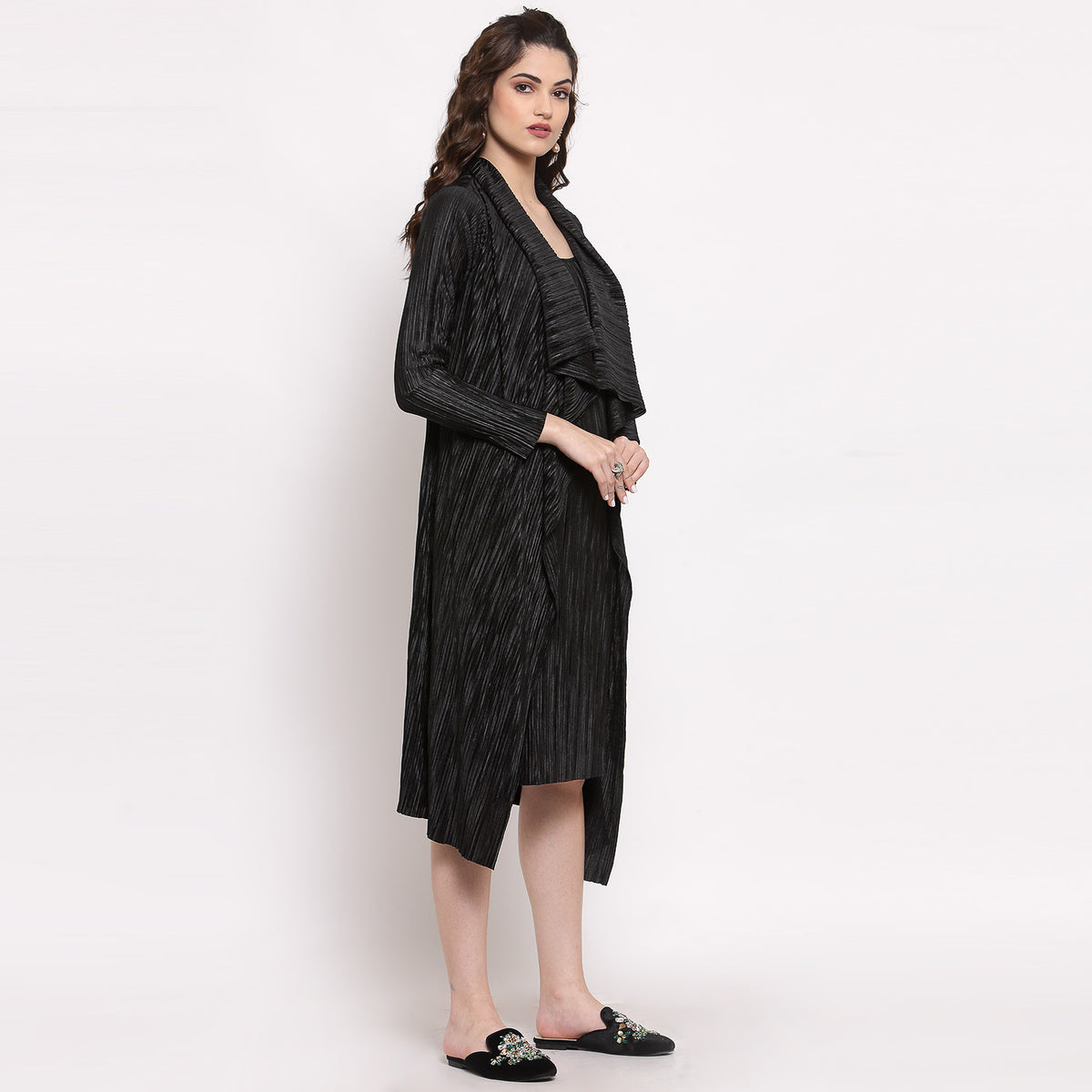 Black Satin Plisse Drape Jacket – LELA By Varija