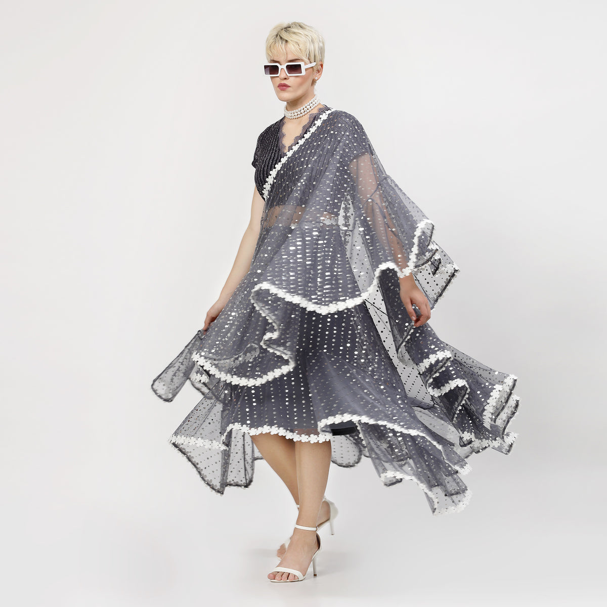 Stone Blue Net Sequins Saree With Flower Lace | LELA By Varija