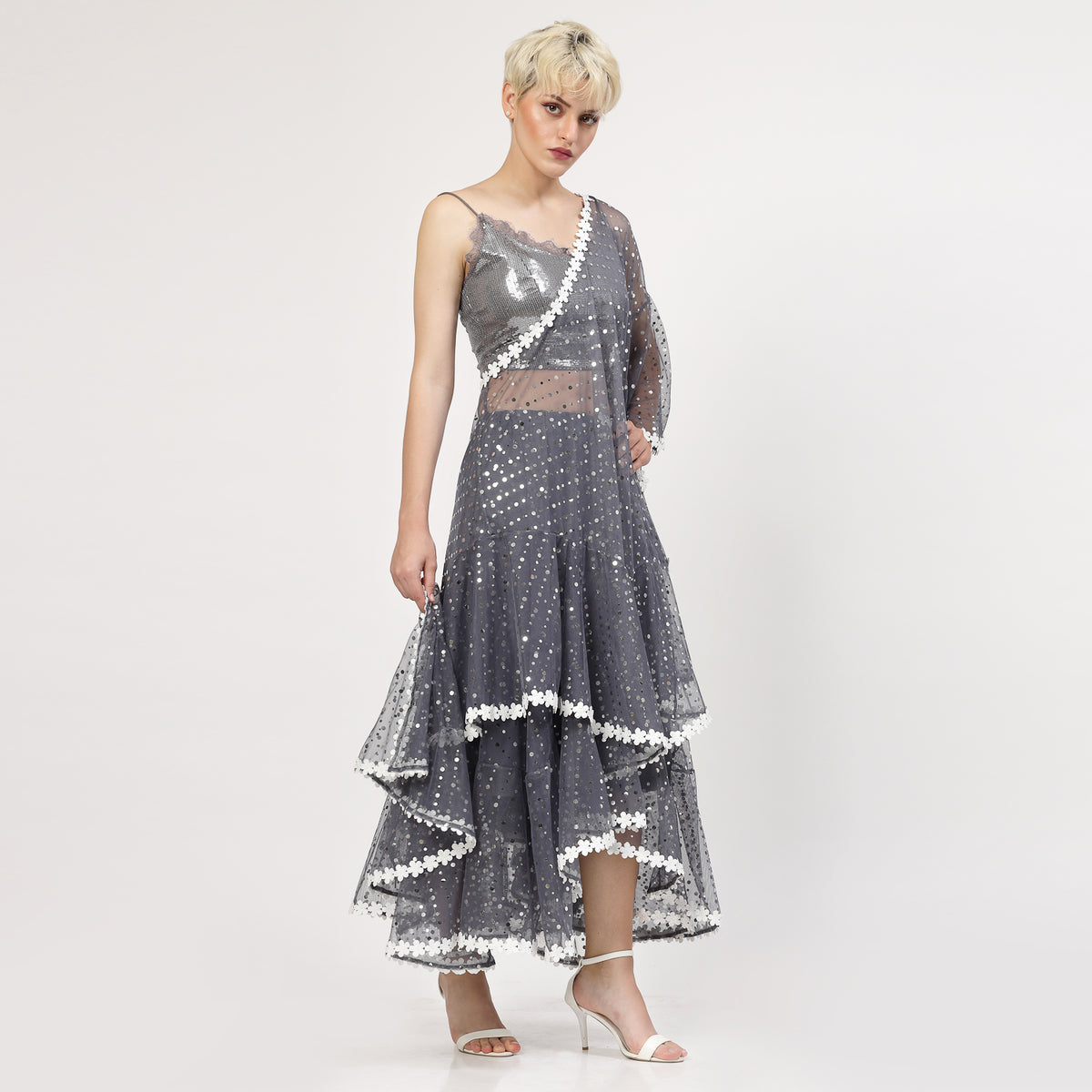 Stone Blue Net Sequins Saree With Flower Lace | LELA By Varija